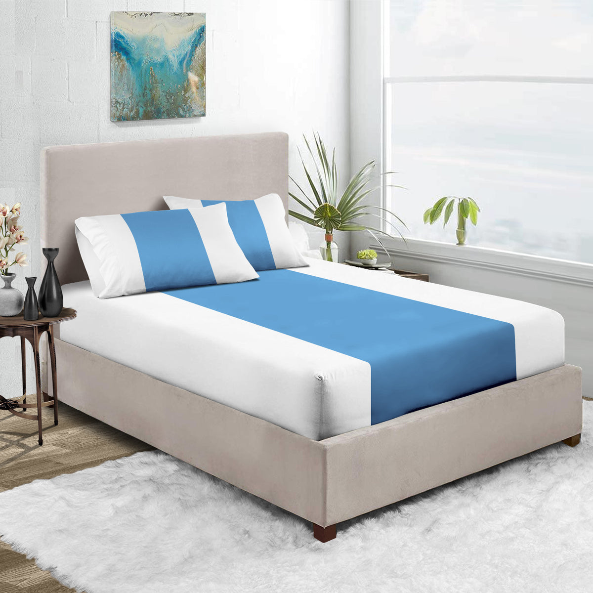Mediterranean Blue with White Contrast Fitted Bed Sheet | Comfort Beddings